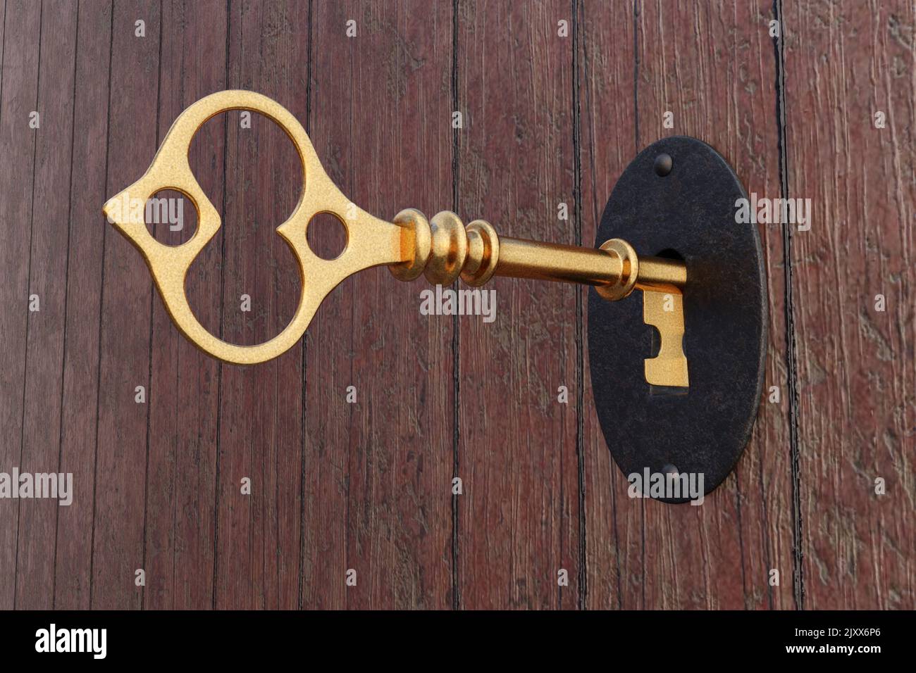 Golden old key is opening a wooden door. Illustration of the concept of ...