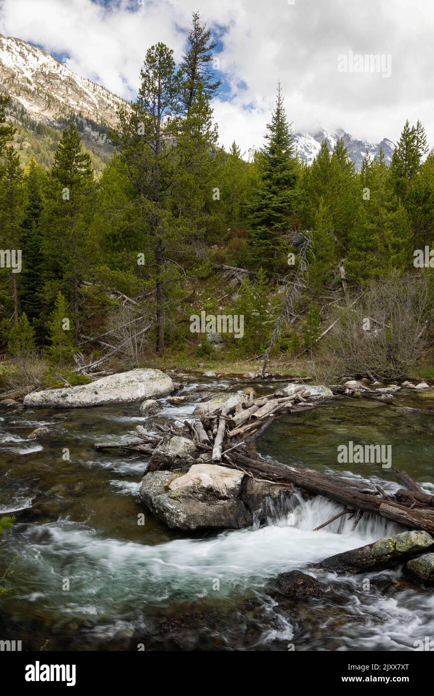String Lake narrowing over small waterfalls as it approaches Jenny Lake ...