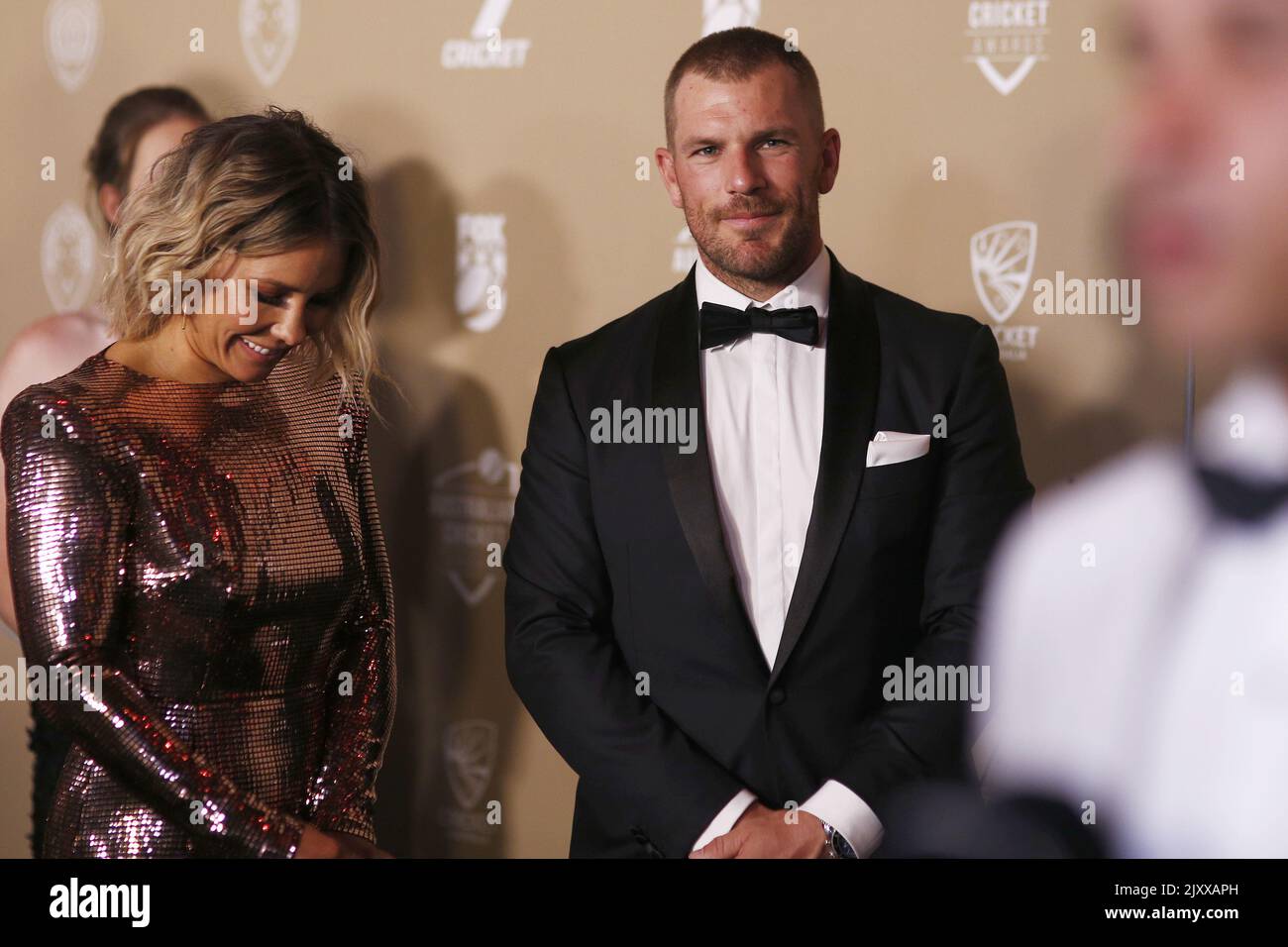 Aaron Finch and Amy Finch are seen on arrival for the Australian ...