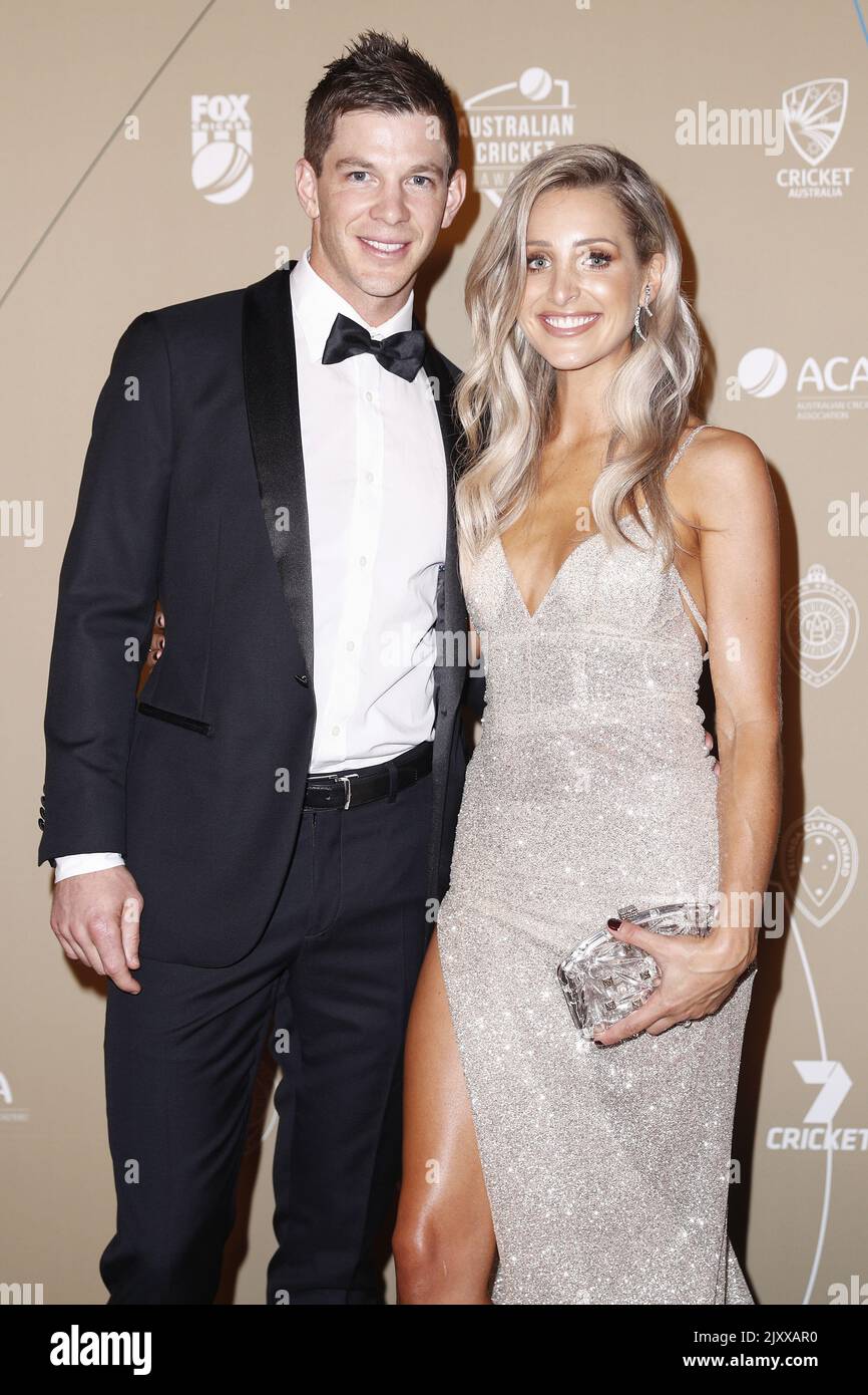 Tim Paine and Bonnie Paine pose for a photograph on arrival for the ...