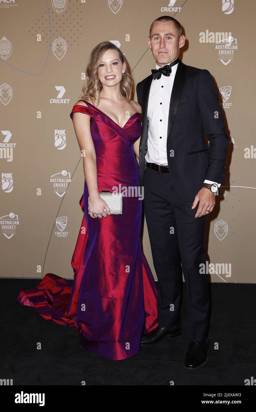 Marnus Labuschagne and Rebekah Labuschagne pose for a photograph on ...