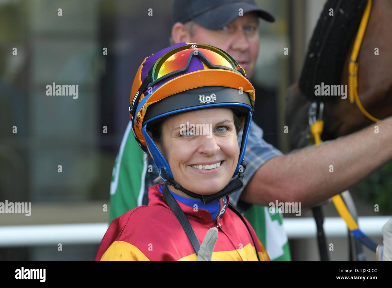Jockey Jenny Duggan is seen in the mounting yard after riding Mixed ...