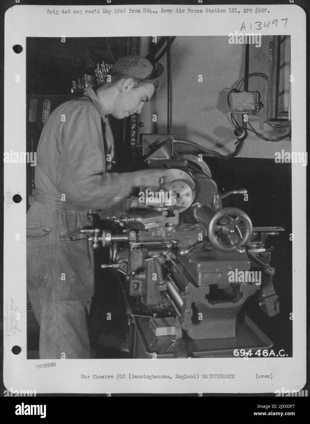 A Machinist Of The 91St Bomb Group Operates A Lathe In A Machine Shop ...