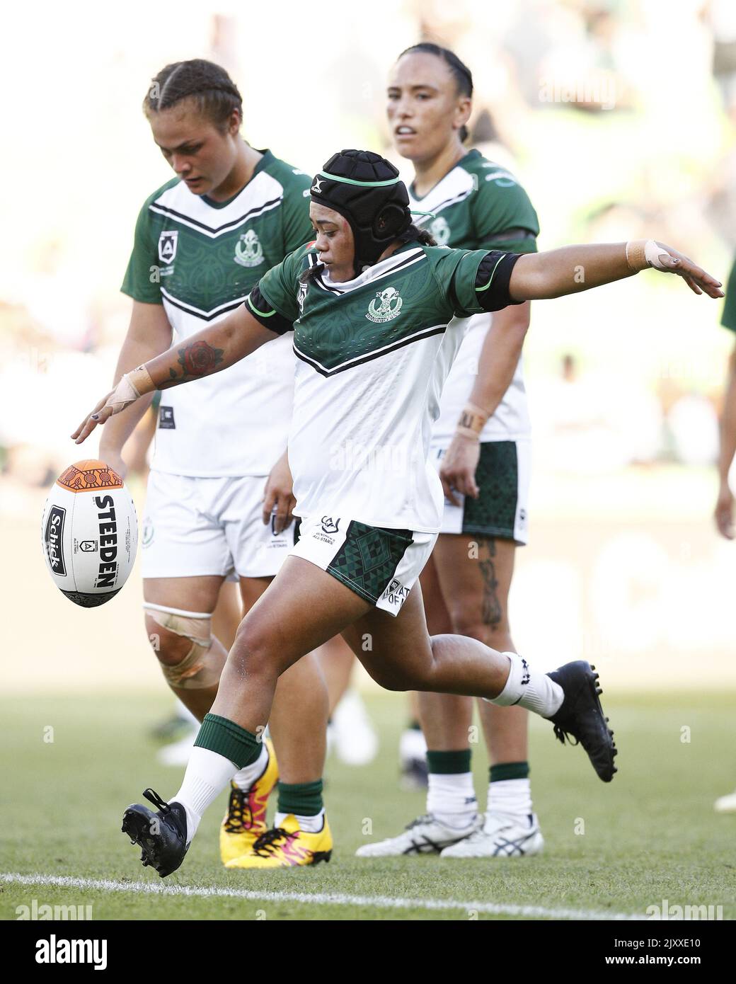 Teeaye Hapuku of the New Zealand Maori Ferns kicks during the NRL ...