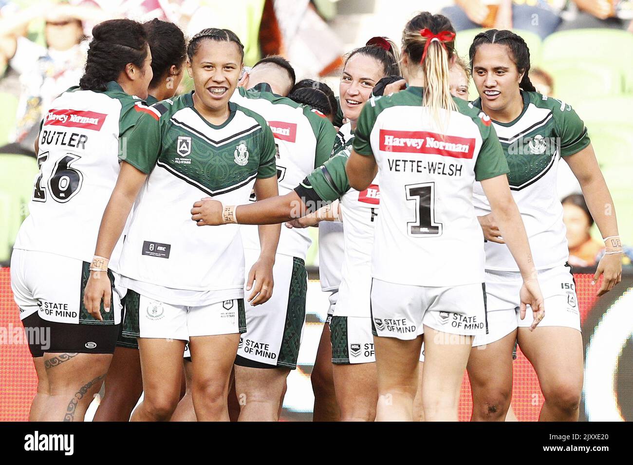 Maori players celebrate a try during the NRL Indigenous Women's All ...