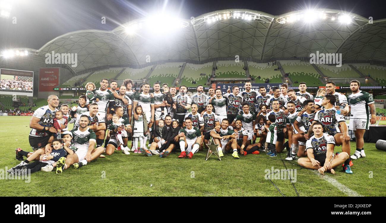 Players from both teams pose for a photogrph after the NRL Indigenous ...