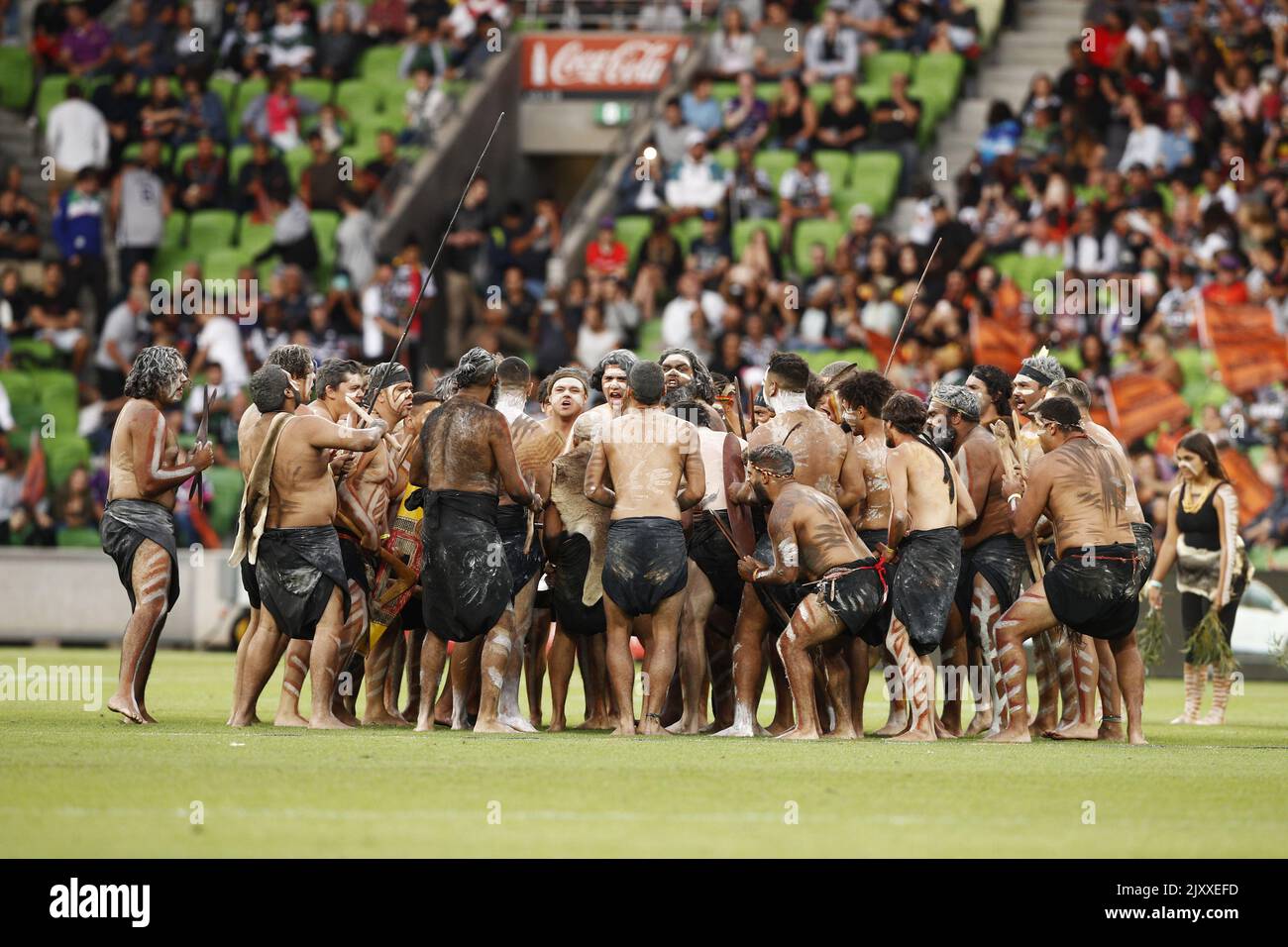 Indigenous dancers are seen during the NRL Indigenous All-Stars vs ...