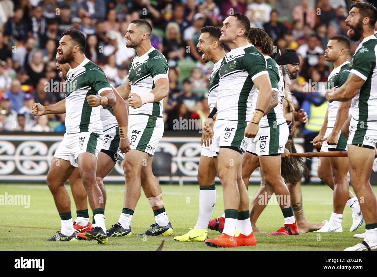 Maori players perform a traditional war cry during the NRL Indigenous ...