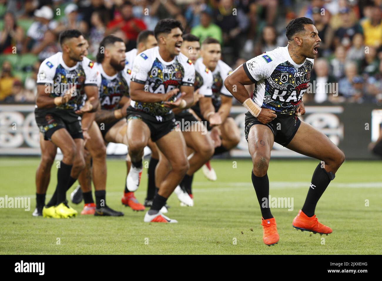 Indigenous players perform a traditional war cry during the NRL ...