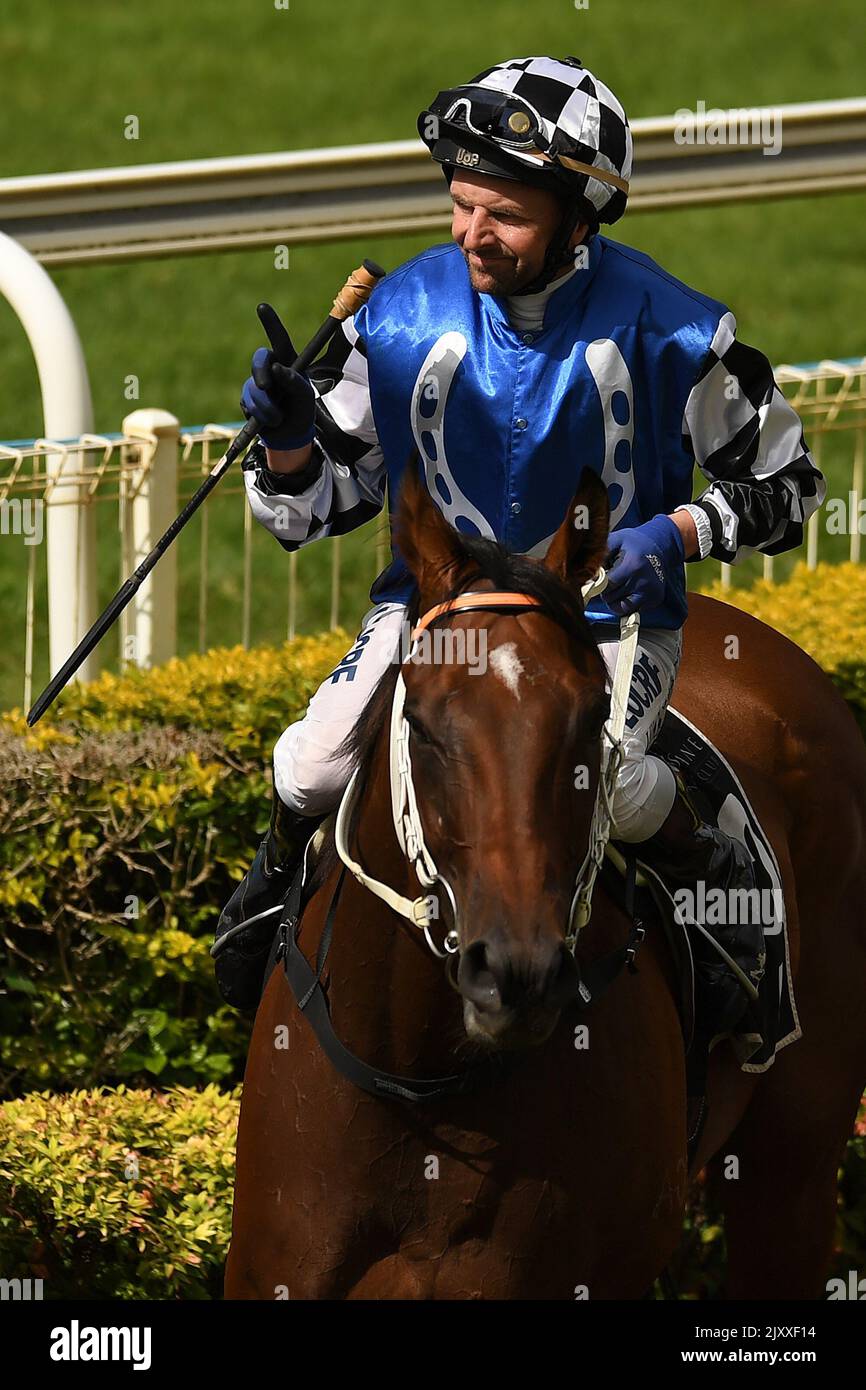 Jockey Larry Cassidy gestures after riding Raiden to victory in race 5 ...