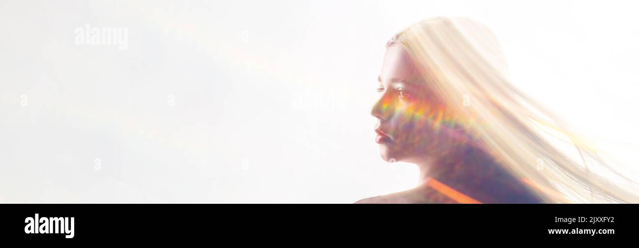 beauty portrait woman long hair bokeh light rays Stock Photo - Alamy