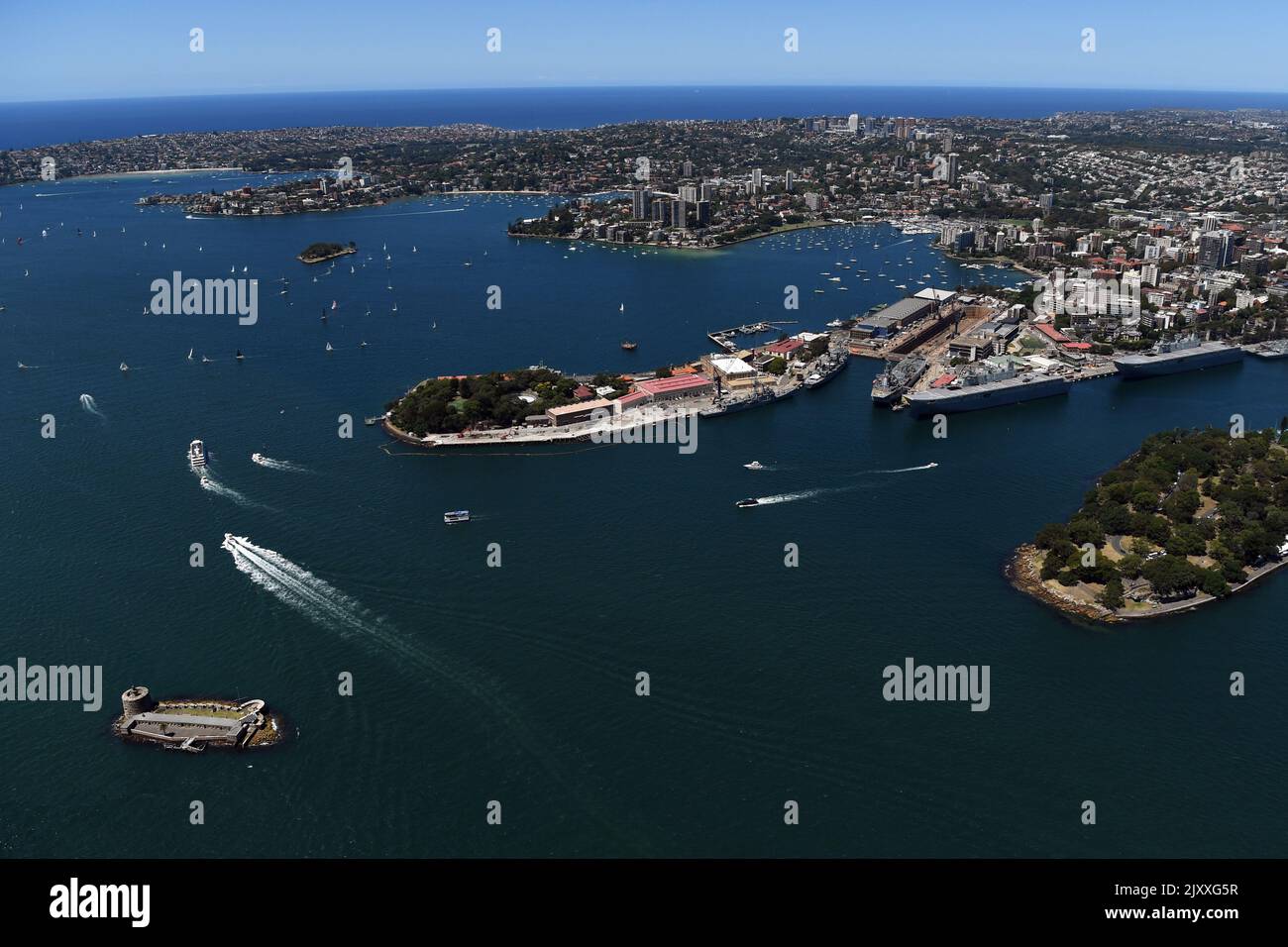 An aerial image shows Garden island, and Sydney's eastern suburbs, in ...