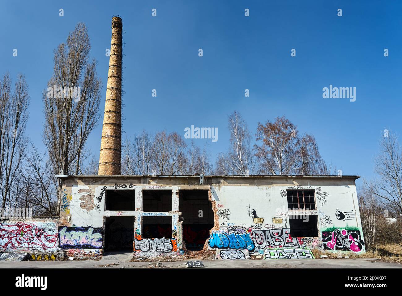 Anonymous graffiti on the walls of a ruined building and a brick ...