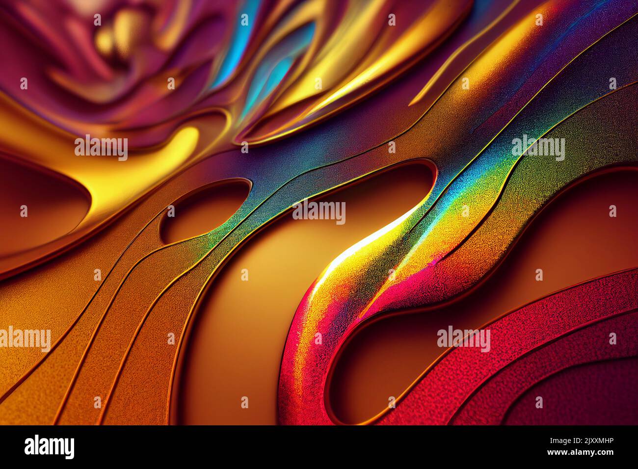 A computer generated illustration of abstract lines of metallic ink ...