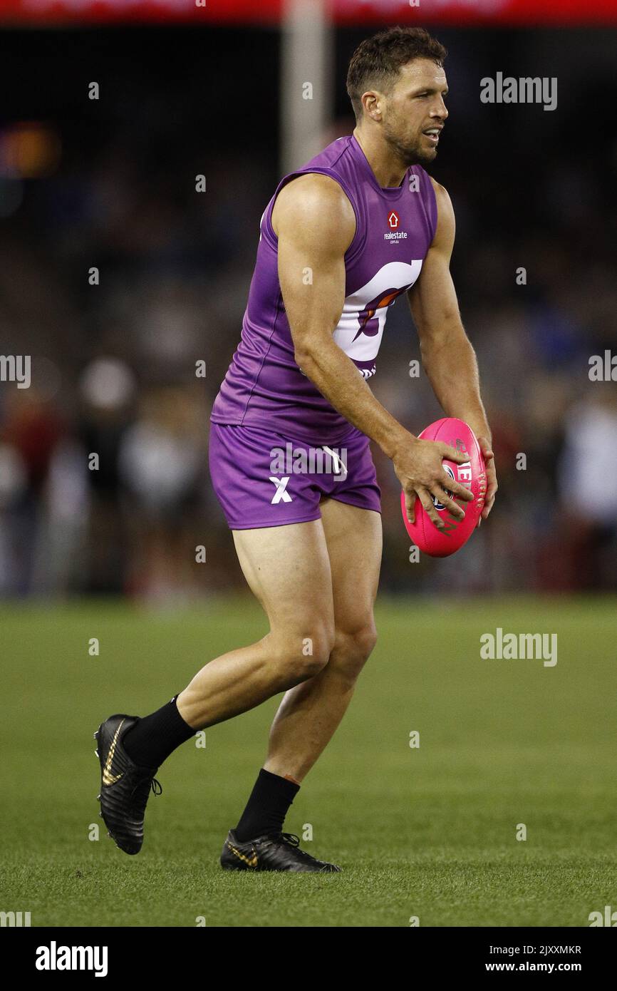 Travis Boak of the Flyers kicks at goal during the fourth AFLX match ...