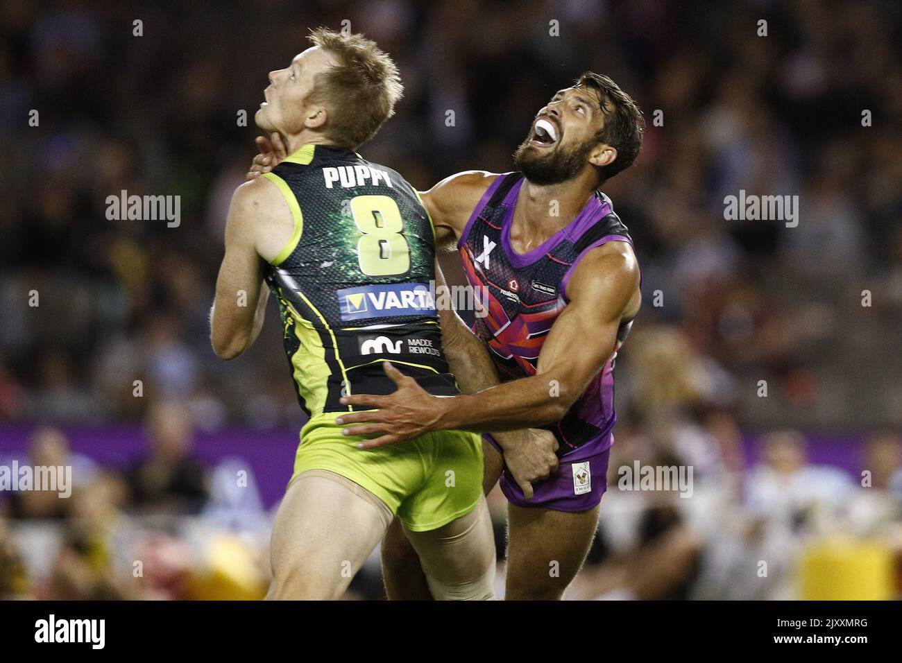 Jack Riewoldt of team Rampage and Alex Rance of the Flyers contest the ...
