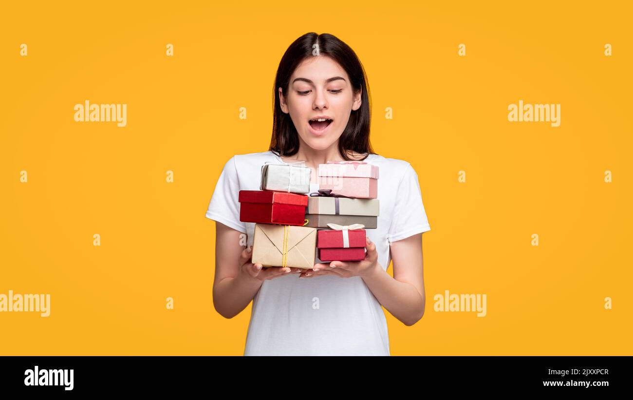 birthday surprise holiday present woman gift boxes Stock Photo - Alamy