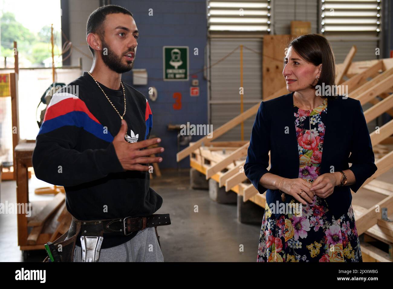 NSW Premier Gladys Berejiklian speaks with apprentice carpenter Roni ...
