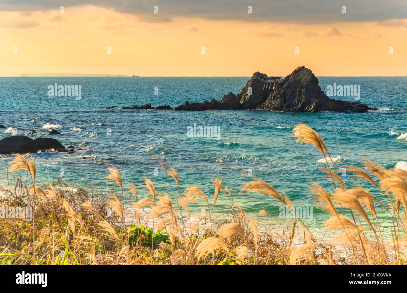 The Sakurai Futamigaura's Couple Stones protected by a sacred shimenawa ...