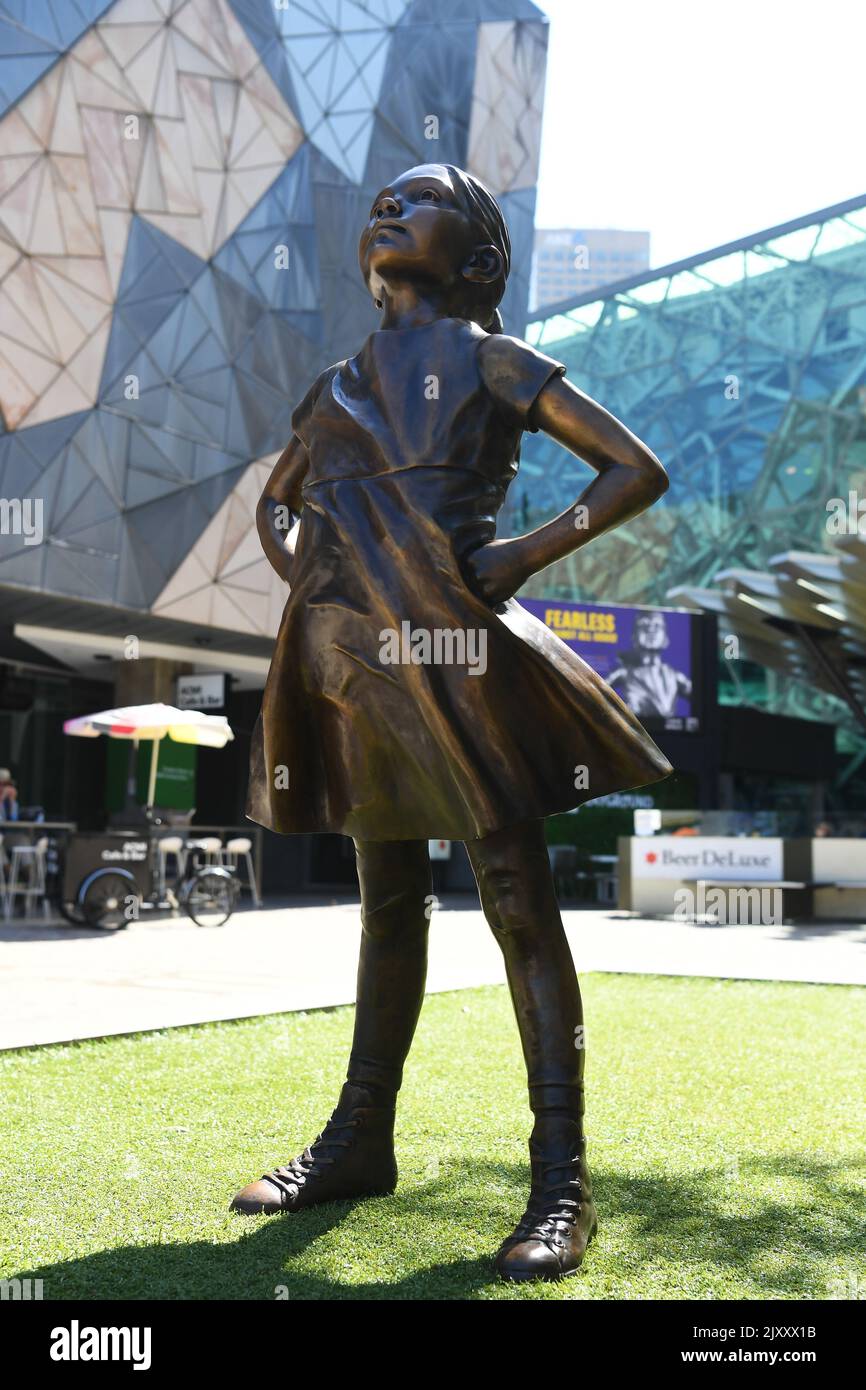A replica of New York's famous "Fearless Girl" statue is seen at ...
