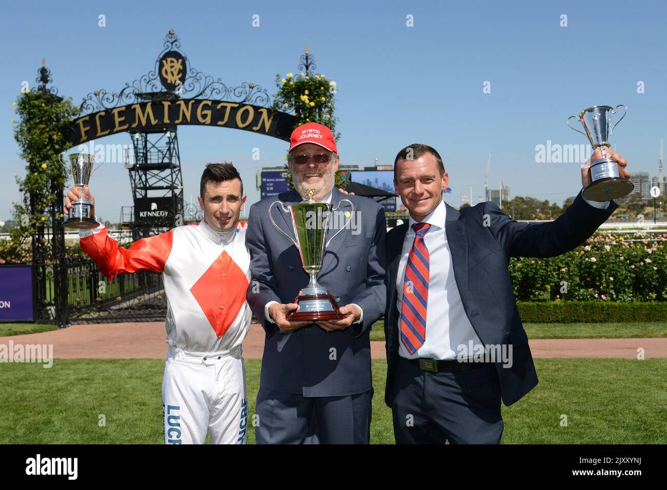 Jockey Anthony Darmanin, trainer Adam Trinder and owner Wayne Roser are ...
