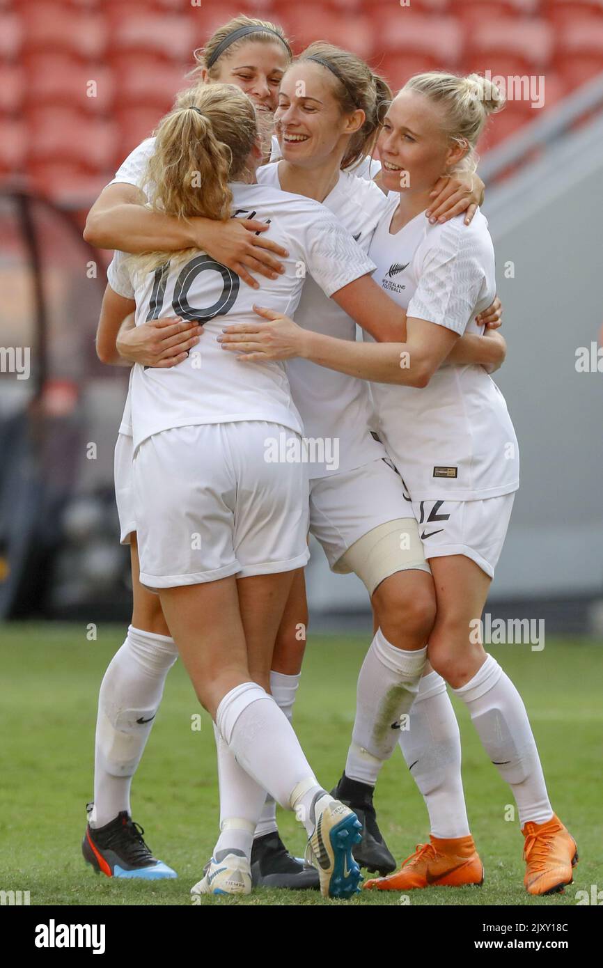 Paige Satchell(left) of New Zealand celebrates a goal by Katie Rood(2nd ...