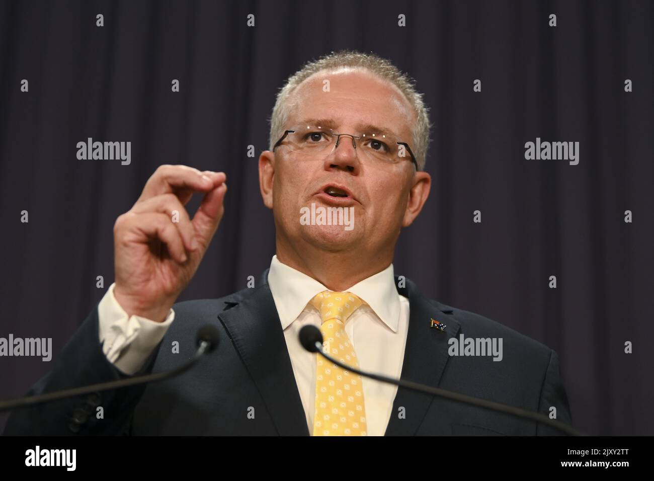 Australian Prime Minister Scott Morrison speaks to the media during a ...
