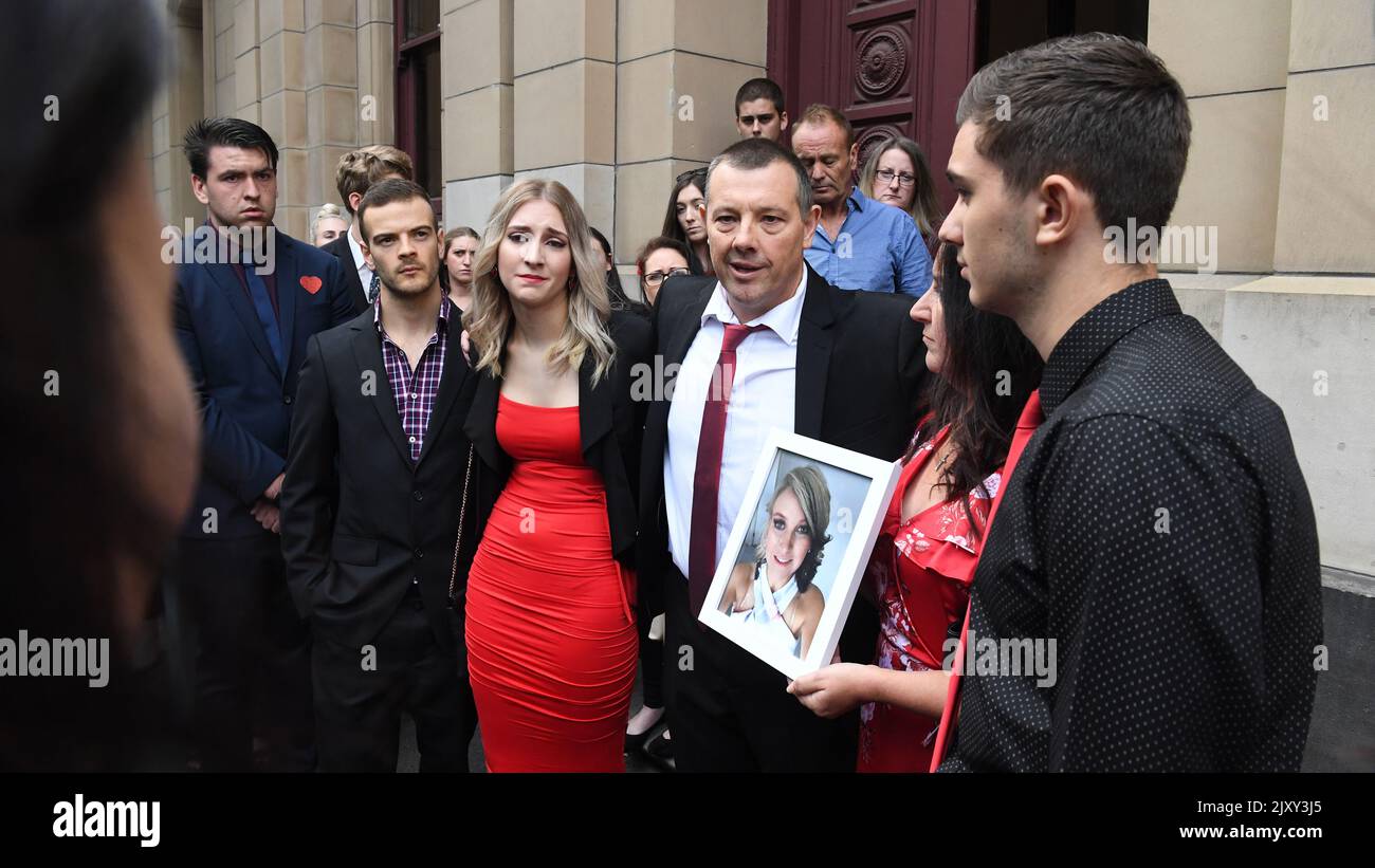 Family members of victim Katie Hayley; Bianca Unwin (centre left), Boyd ...