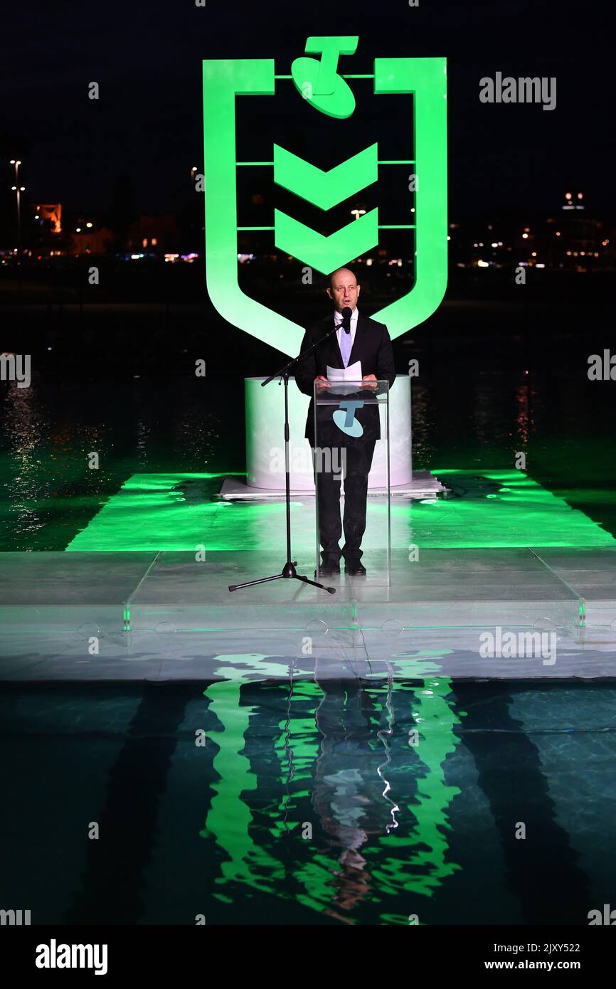 NRL CEO Todd Greenberg speaking on the pool deck during the 2019 NRL ...