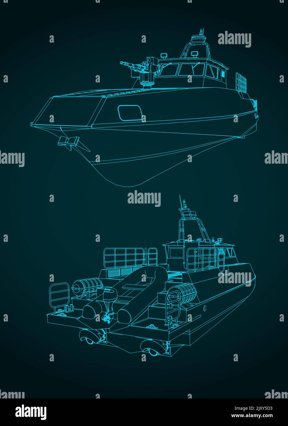 Stylized vector illustrations of drawings of high speed patrol boat ...
