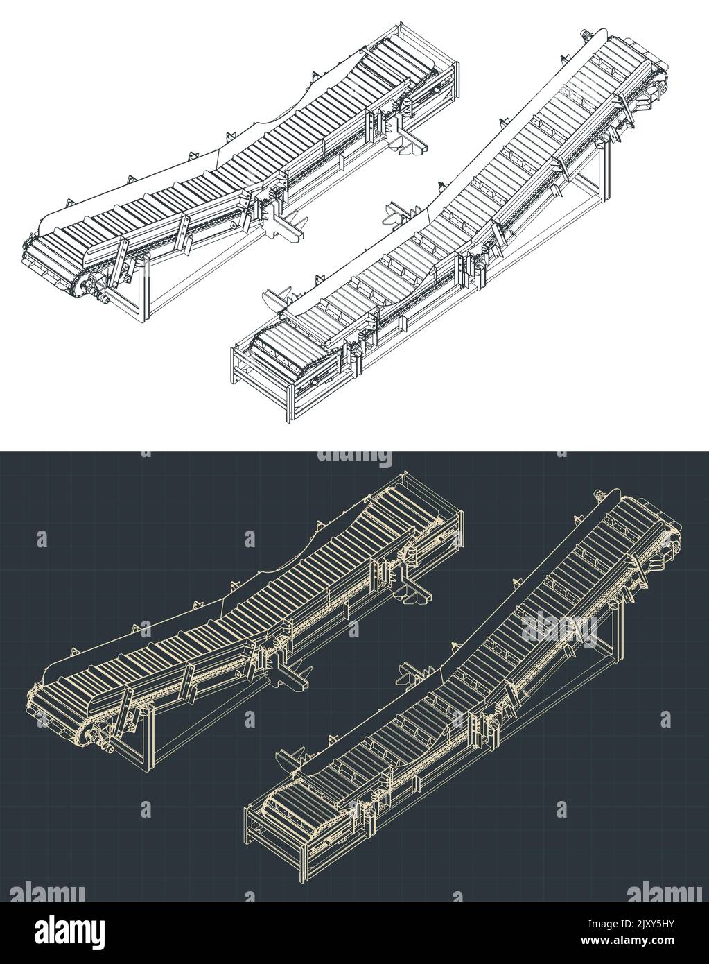 Stylized vector illustrations of isometric blueprints of chain conveyor ...