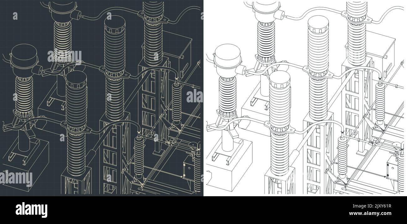 Stylized vector illustrations of isometric blueprints of transformer ...