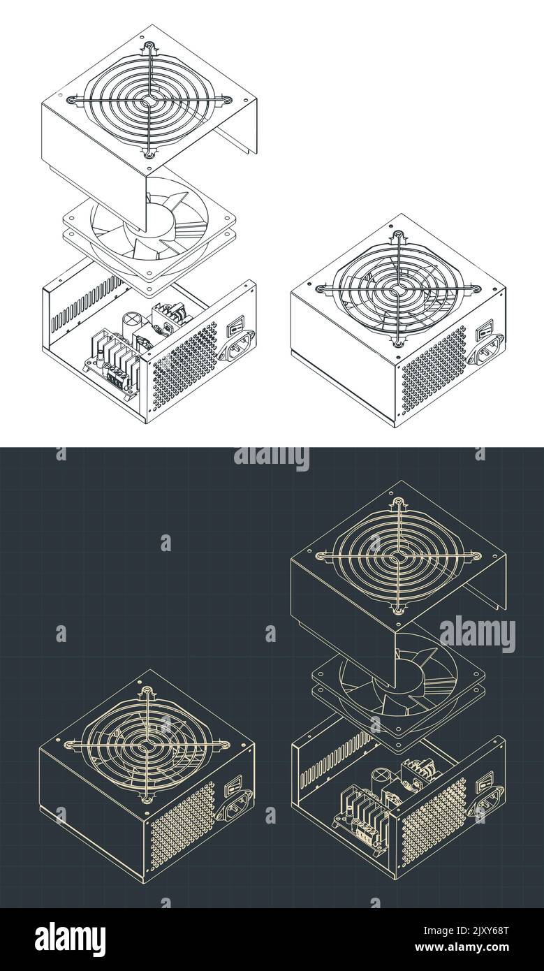 Stylized vector illustration of isometric blueprints of disassembled ...