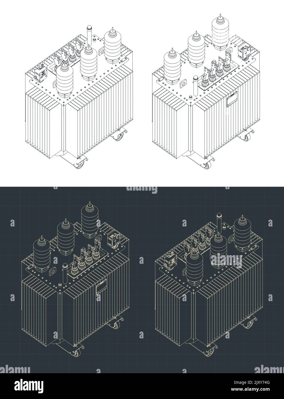 Stylized Vector Illustration Of Isometric Blueprints Of Power Three Phase Transformer Stock