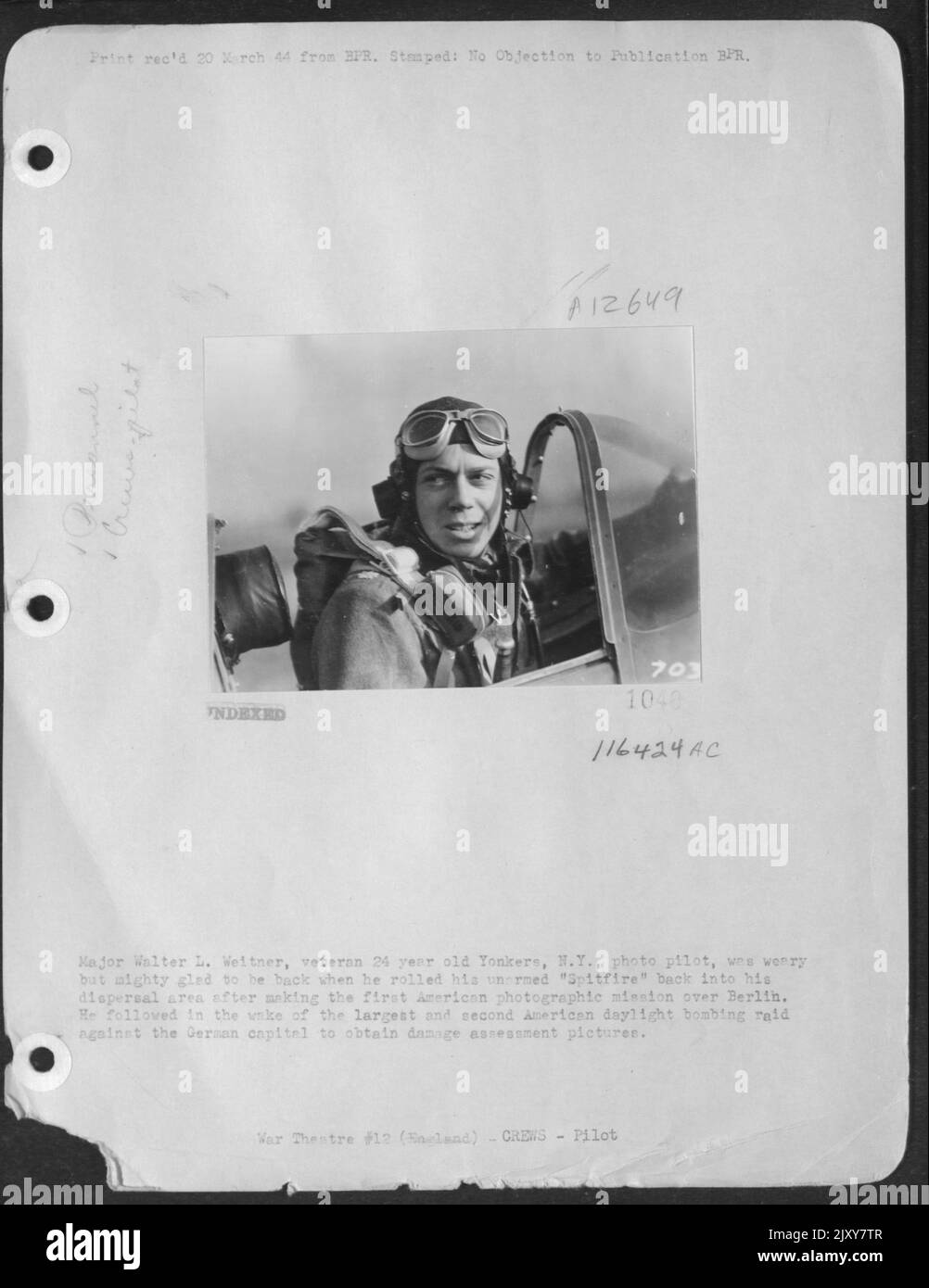 Major Walter L. Weitner, Veteran 24 Year Old Yonkers, N.Y., Photo Pilot ...