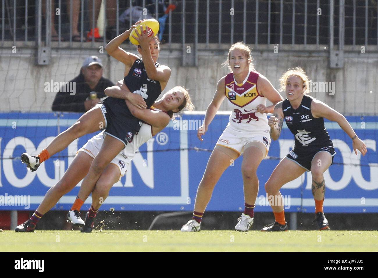 Darcy Vescio of the Blues is tackled during the Round 6 AFLW match ...
