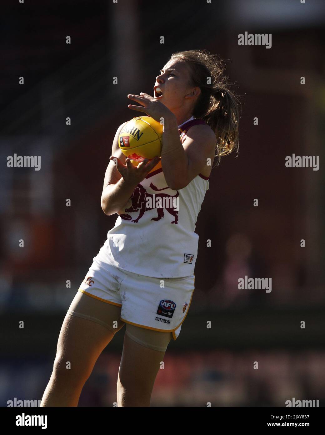 Shannon Campbell of the Lions marks the ball during the Round 6 AFLW ...