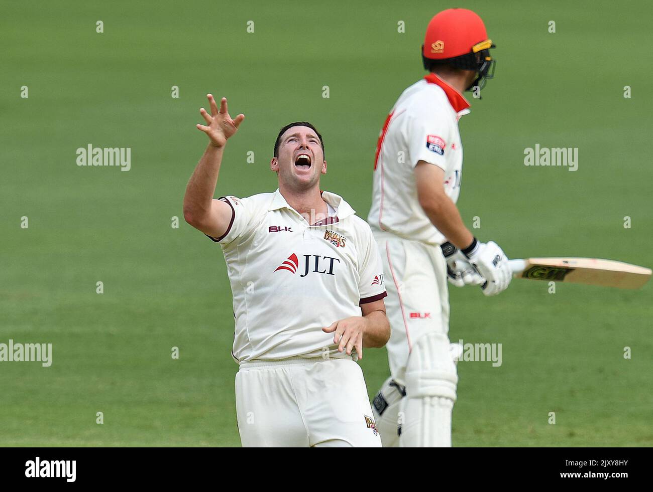 Queensland bowler Luke Feldman reacts after dismissing South Australian ...