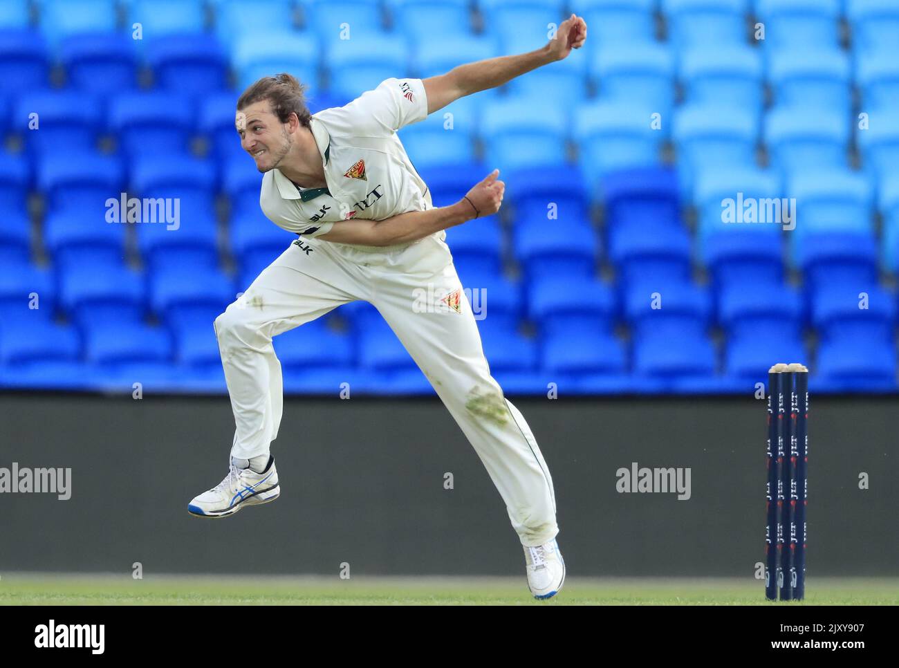 Gabe Bell of the Tigers bowls during day 1 of the Round 9 Sheffield ...