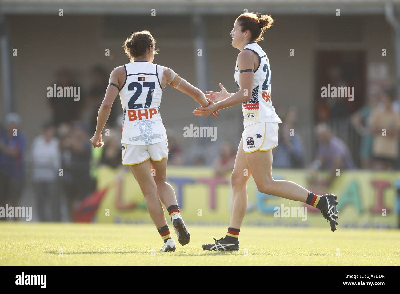 Jessica Foley of the Crows (right) celebrates a goal during the Round 7 ...