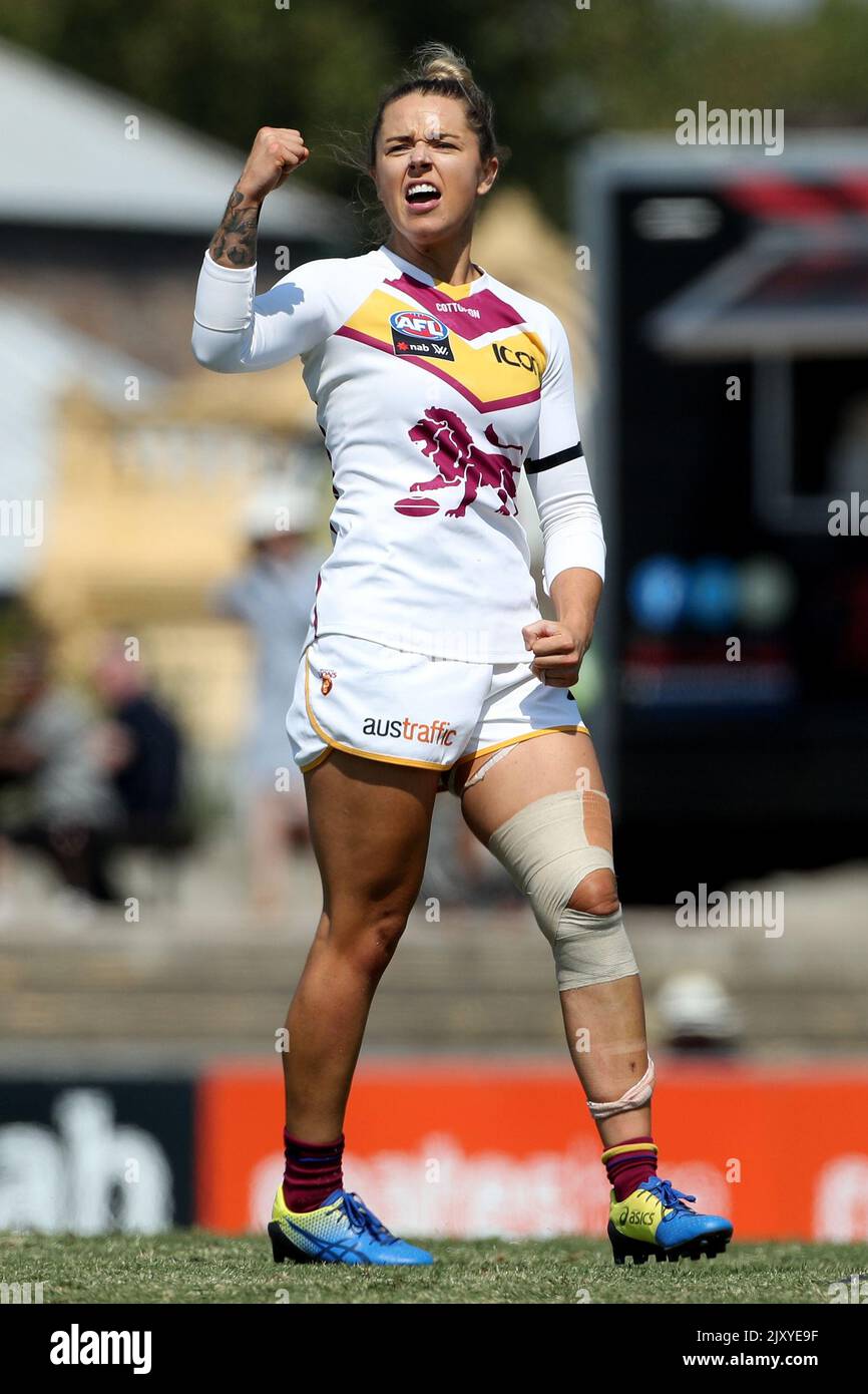 Jess Wuetschner of the Lions celebrates the teams first goal during the ...