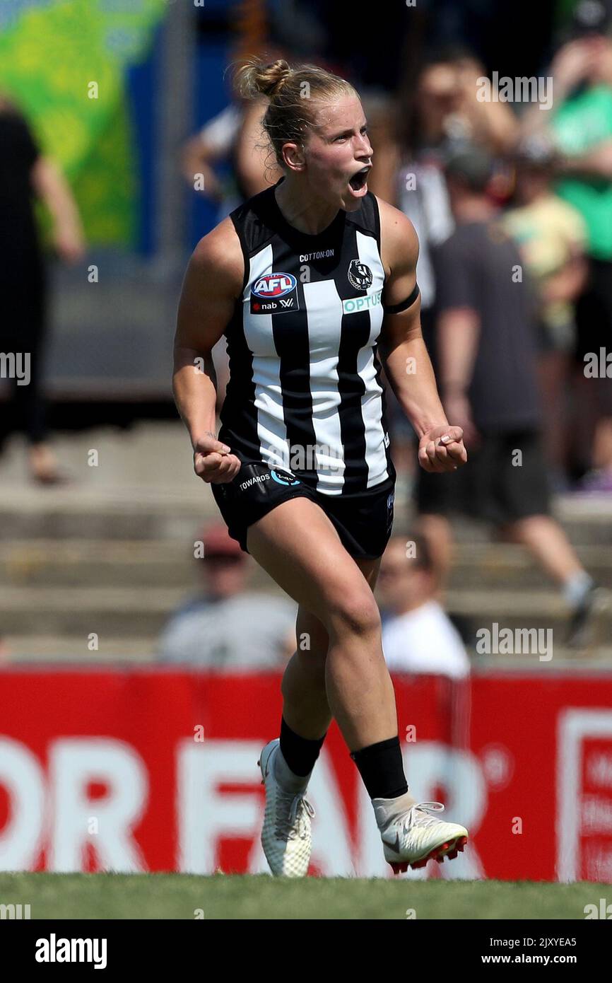 Jaimee Lambert of the Magpies celebrates her goal during the Round 7 ...