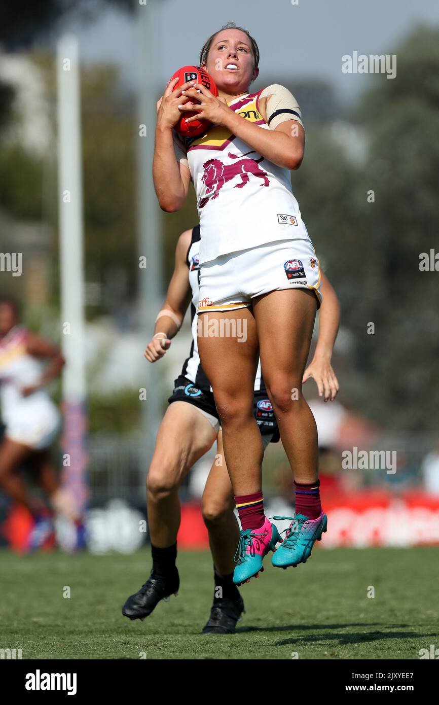 Jacqui Yorston of the Lions marks during the Round 7 match between the ...