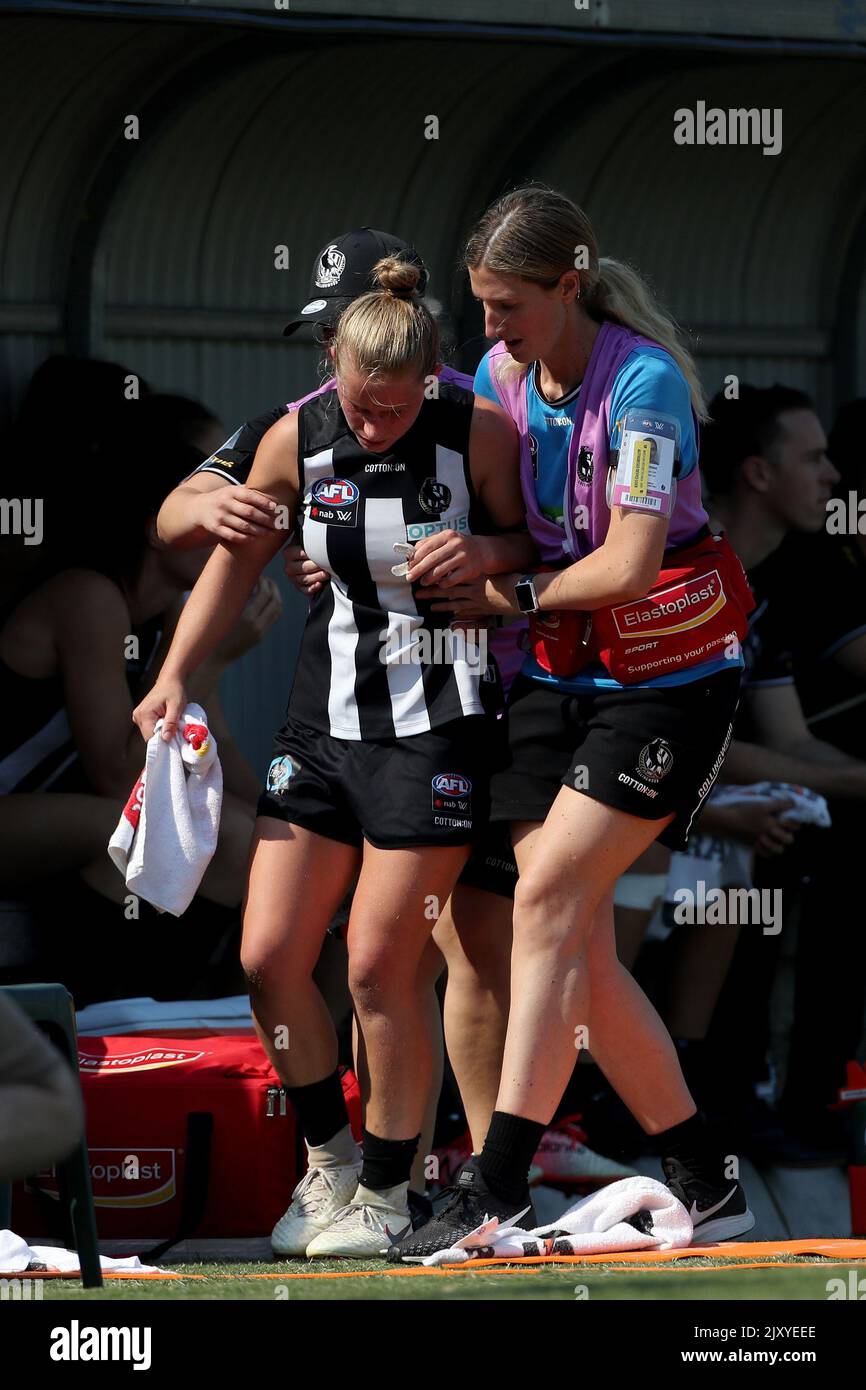 Jaimee Lambert of the Pies is assisted from the ground during the Round ...