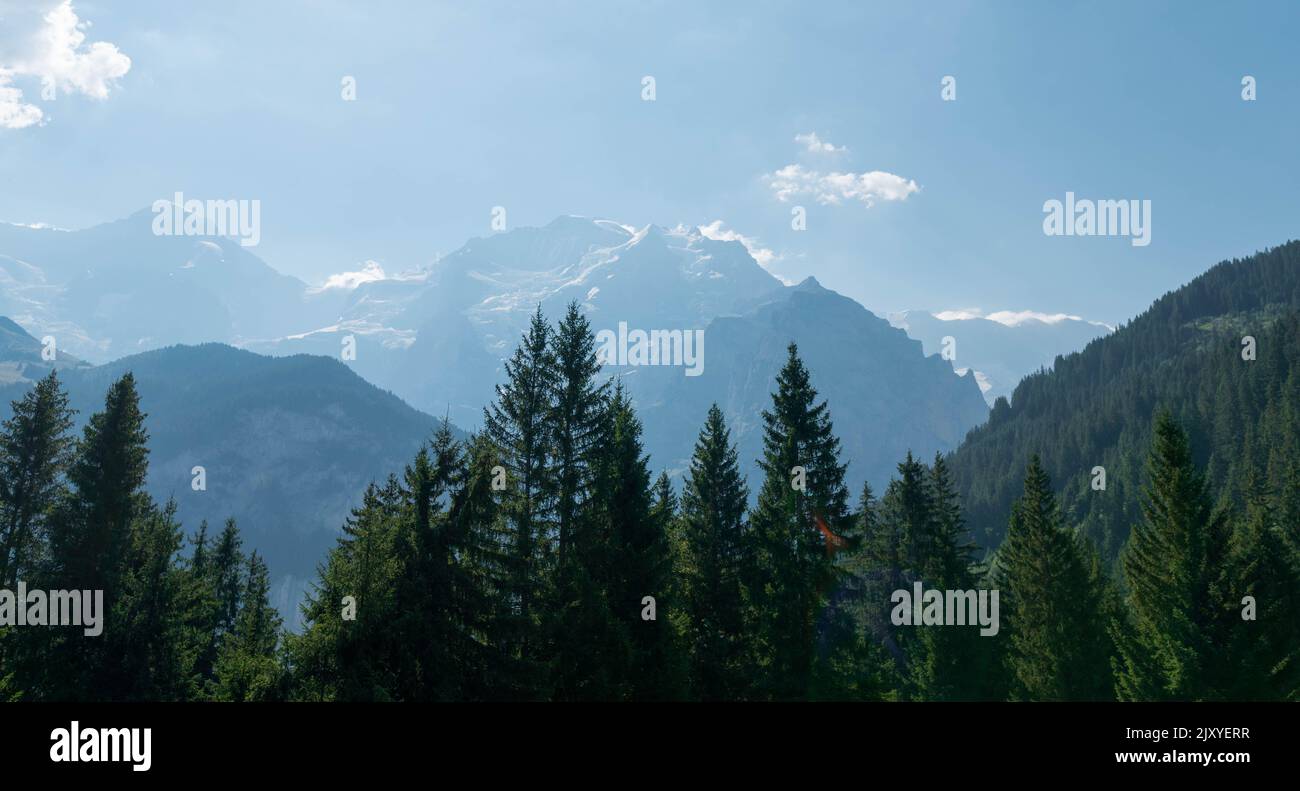 Spectacular mountain views and hiking trail in the Swiss Alps landscape ...