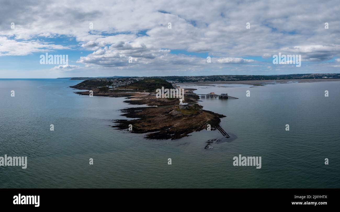 aerial view of the Mumbles headland with the historic lighthouse and ...