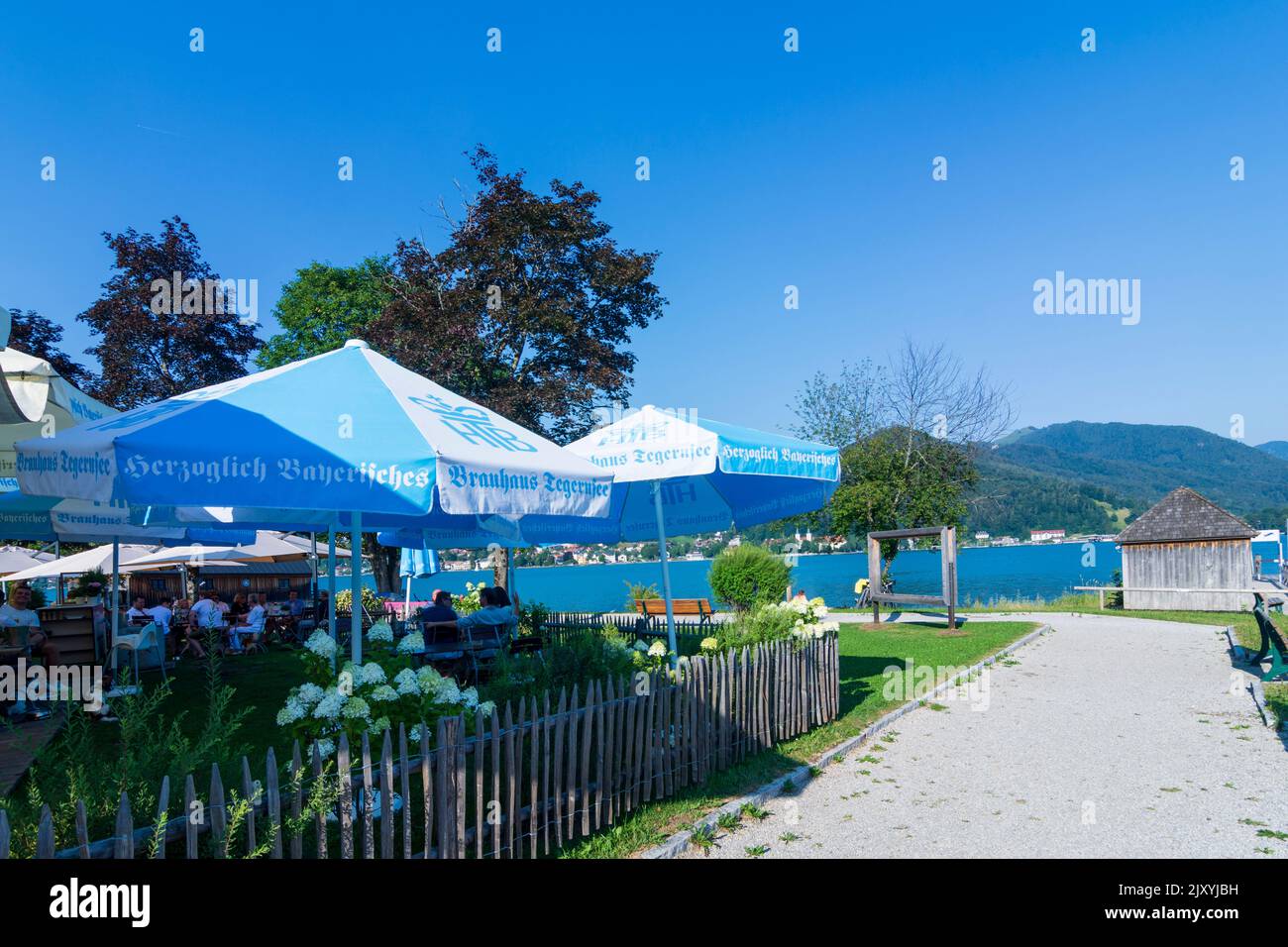 Bad Wiessee: lake Tegernsee, view to Tegernsee town, beer garden in ... Bad Wiessee: lake Tegernsee, view to Tegernsee town, beer garden in ...