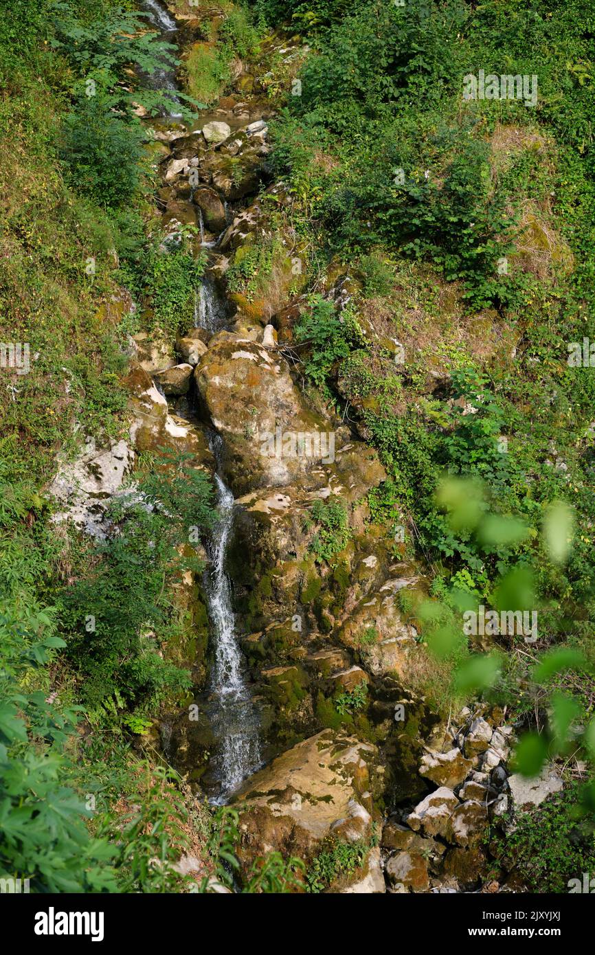 View of Cascade Aguasaliu, a waterfall in Vidosa, Asturias, Spain ...