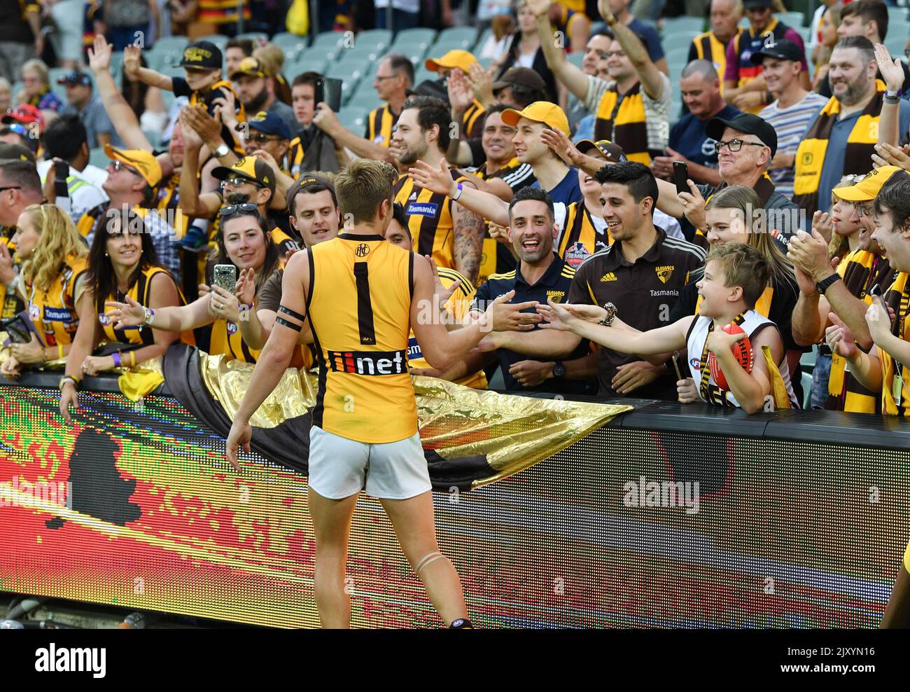 Harry Morrison of the Hawks celebrates with the crowd after the Round 1 ...