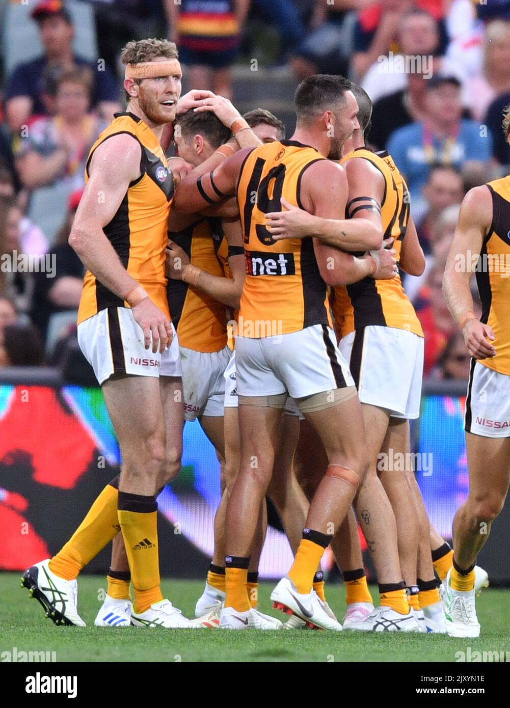 Hawks Players Celebrates A Goal During The Round 1 Afl Match Between